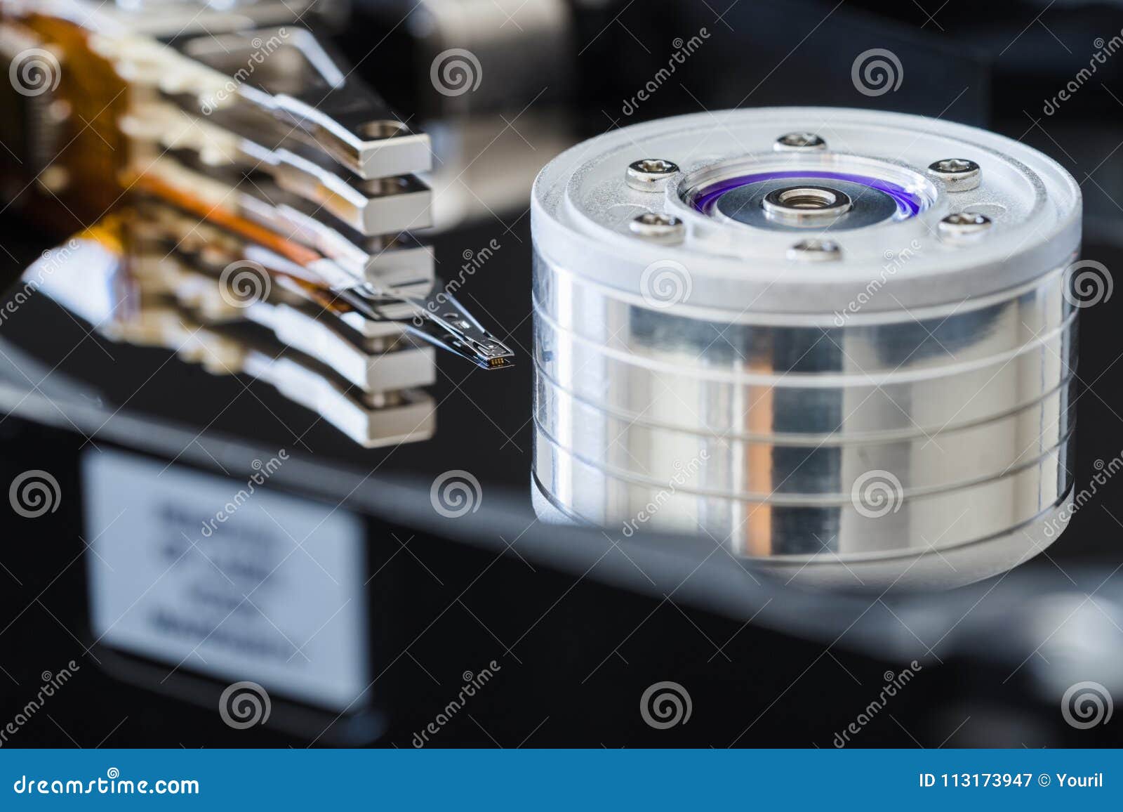 Hard Disk Drive Inside Close-up, Actuator Arm, Read Write Head, Ribbon ...
