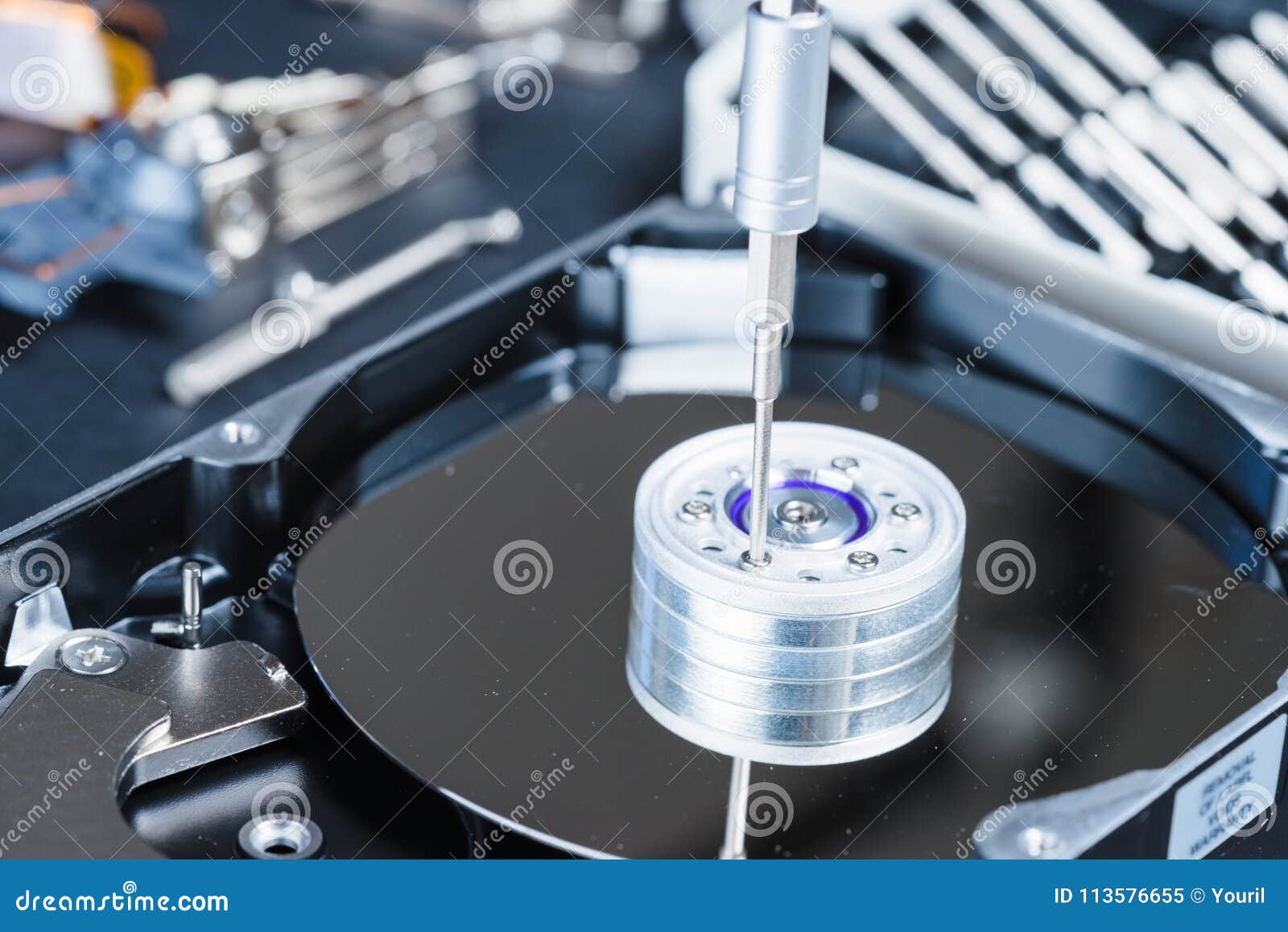 Disassembled Hard Disk Drive Inside Close-up, Spindle, Actuator Arm ...