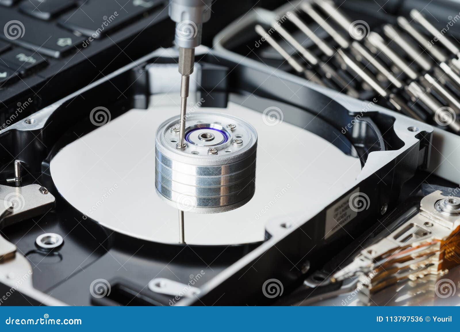 Disassembled Hard Disk Drive Inside Close-up, Spindle, Actuator Arm ...