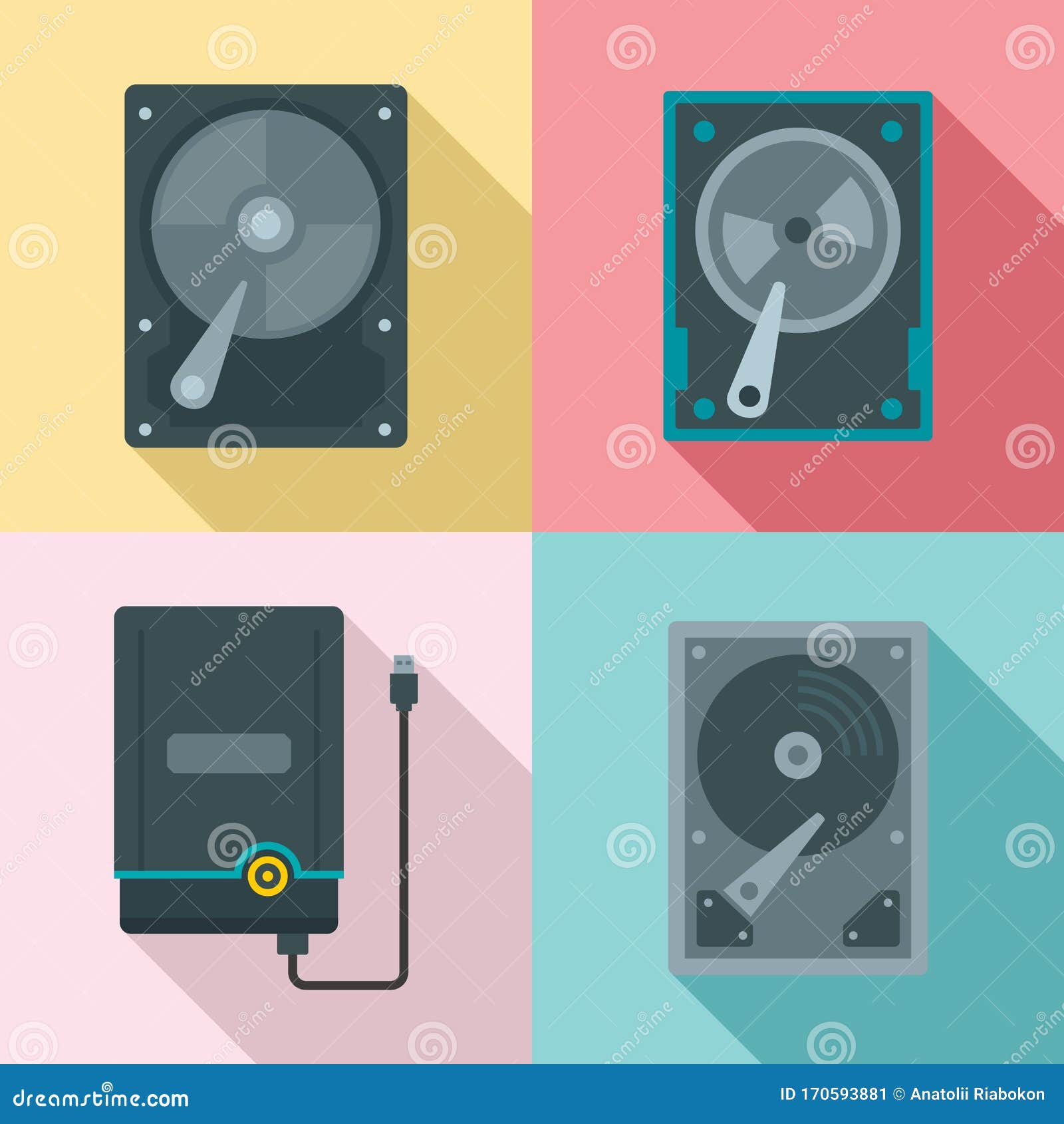 Hard Disk Icons Set, Flat Style Stock Vector - Illustration of flat ...