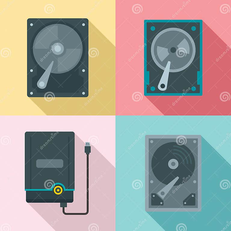 Hard Disk Icons Set, Flat Style Stock Vector - Illustration of flat ...