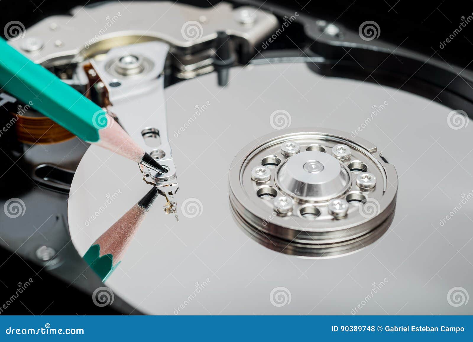 Hard disk open, pencil stock photo. Image of network - 90389748