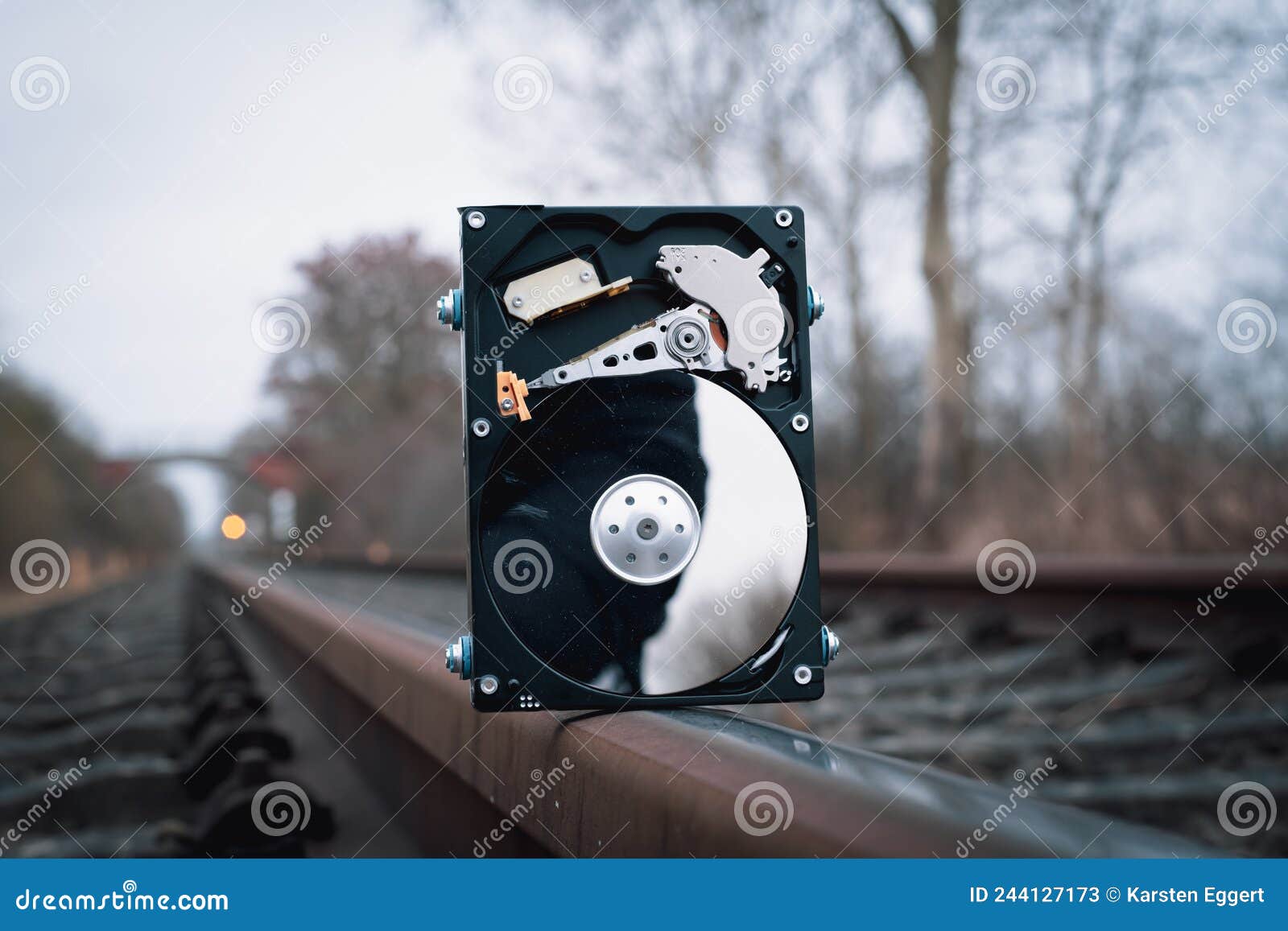 Hard Disk Stands on the Rails of the Railroad Stock Image - Image of ...
