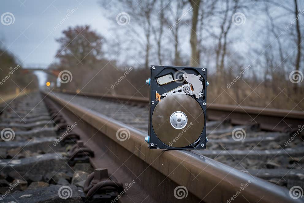 Hard Disk Stands on the Rails of the Railroad Stock Image - Image of ...