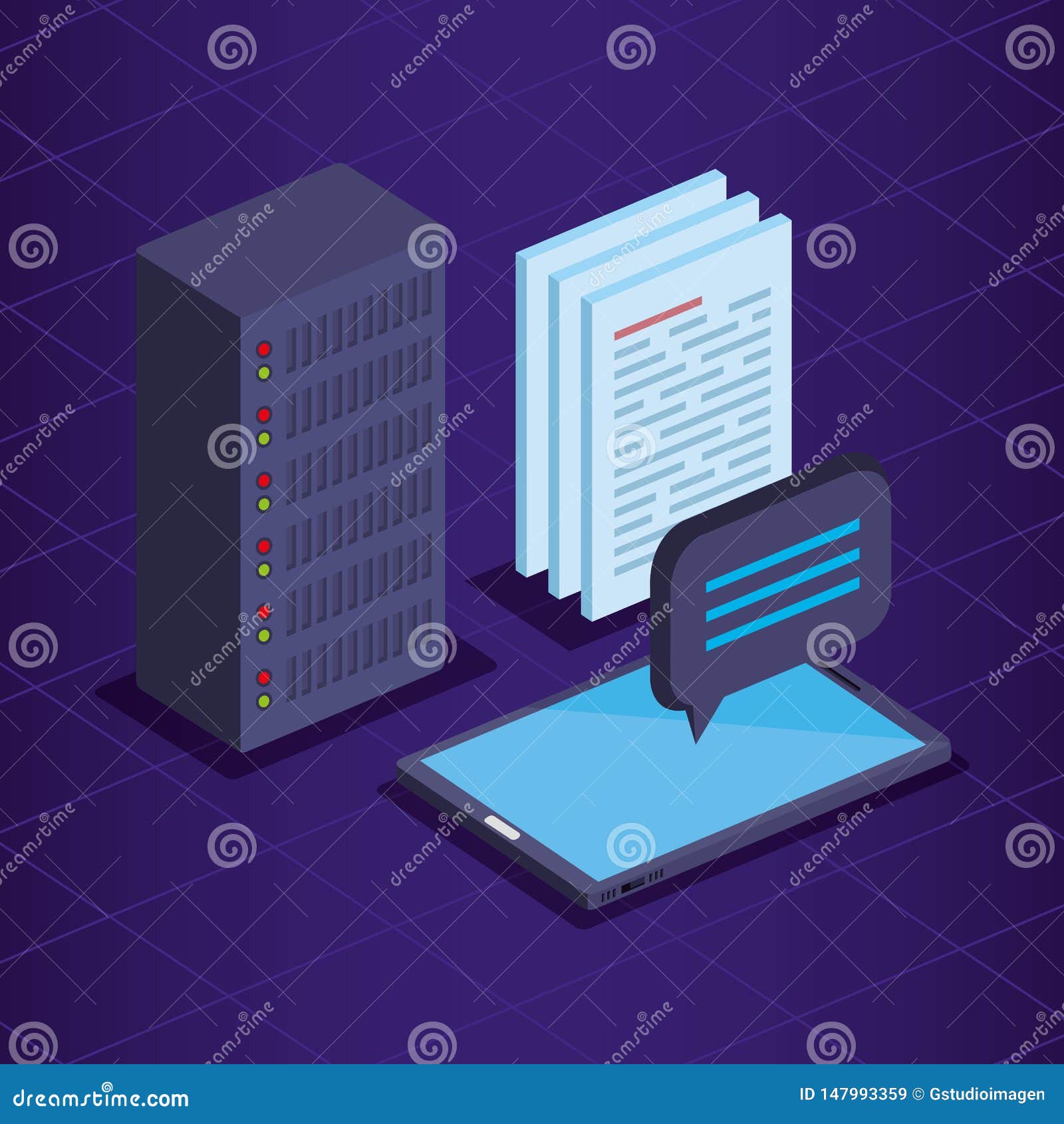 Hard Disk Storage Tower with Documents and Smartphone with Chat Bubble ...