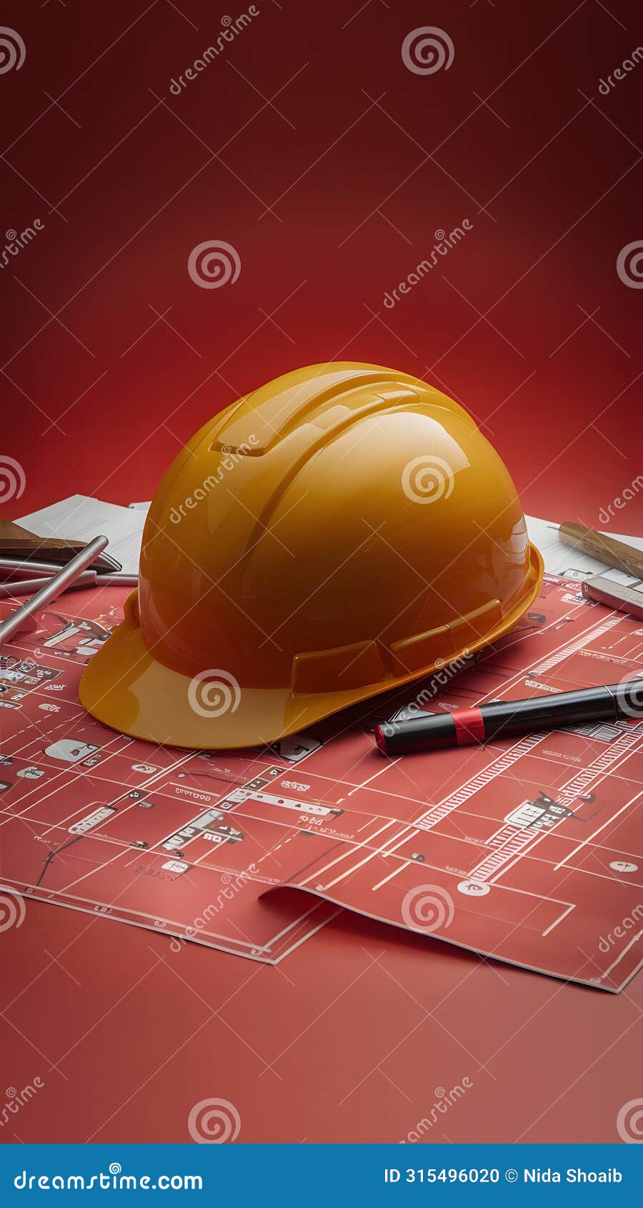 Hard Hat Atop Red Blueprints, Construction Planning Scene Stock Photo ...