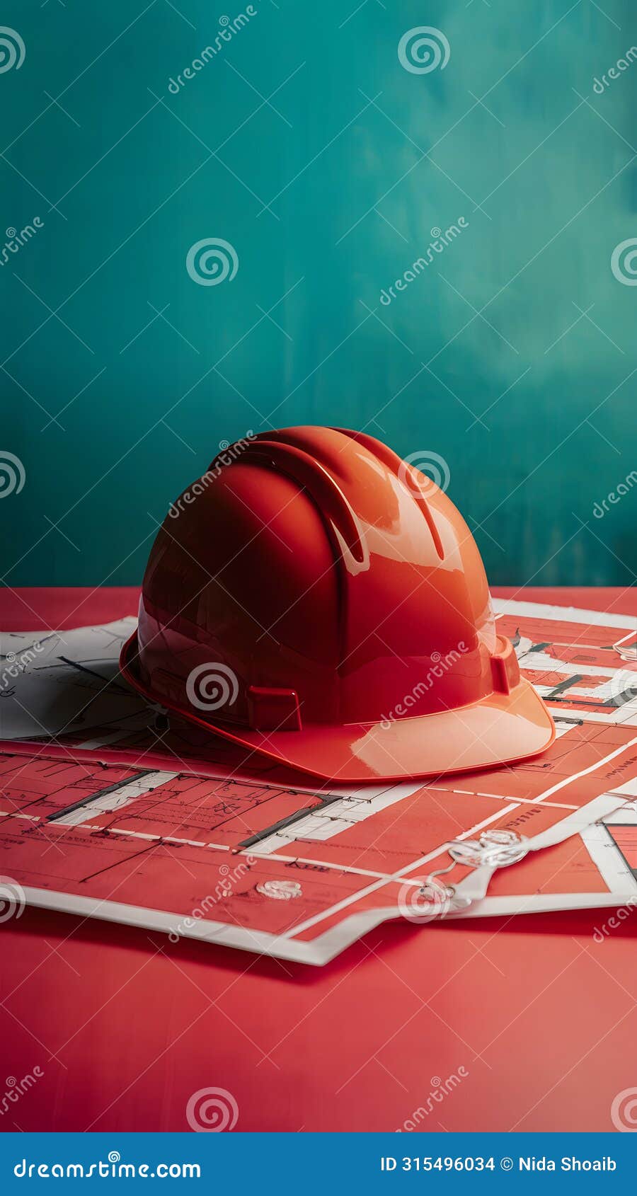 Hard Hat Atop Red Blueprints, Construction Planning Scene Stock Photo ...
