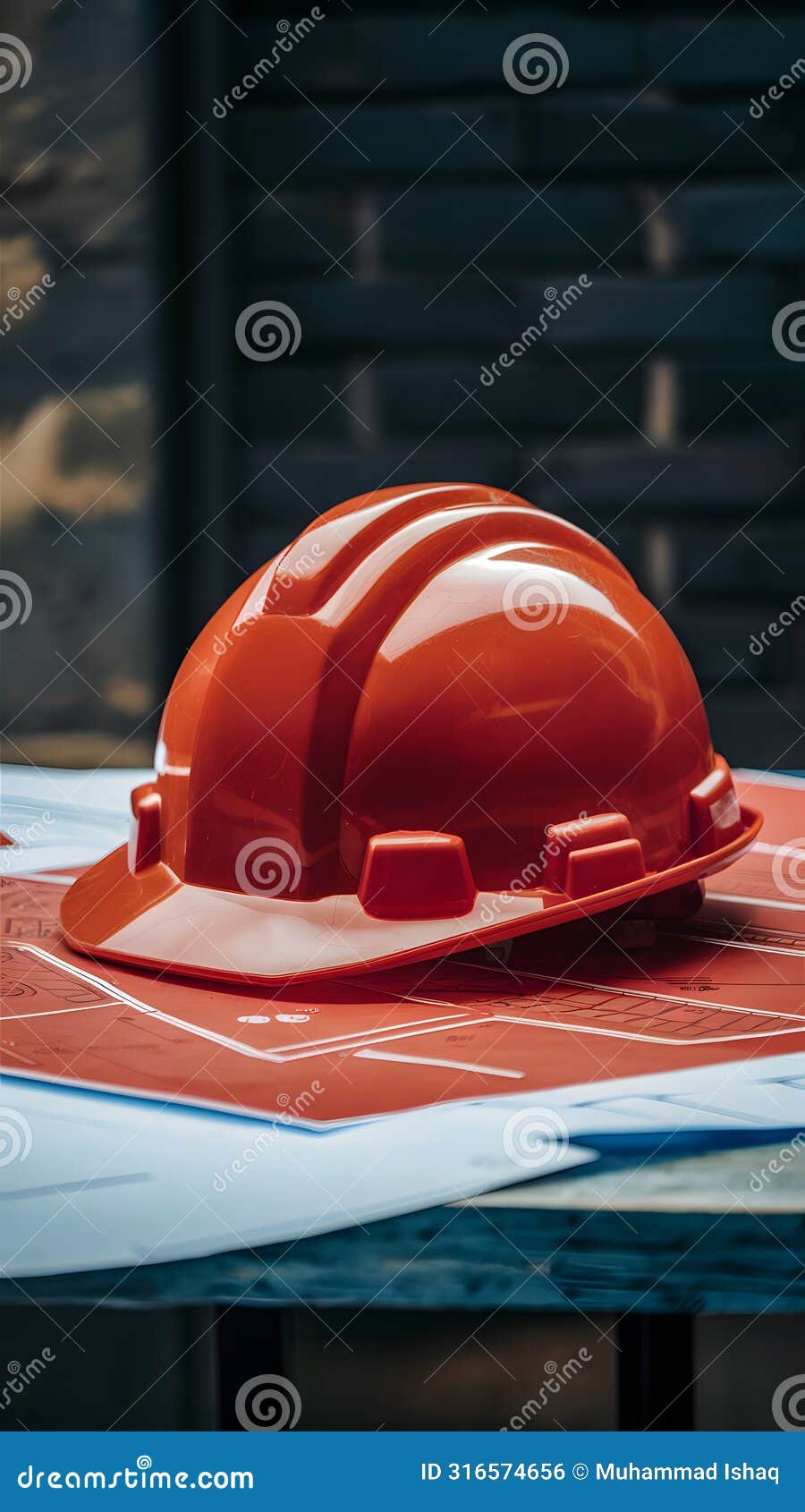 Hard Hat Atop Red Blueprints, Symbolizing Construction Planning on ...