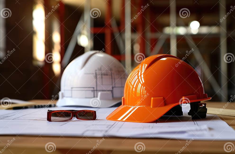 A Hard Hat Sits on Top of Red Blueprints on a Table Stock Image - Image ...