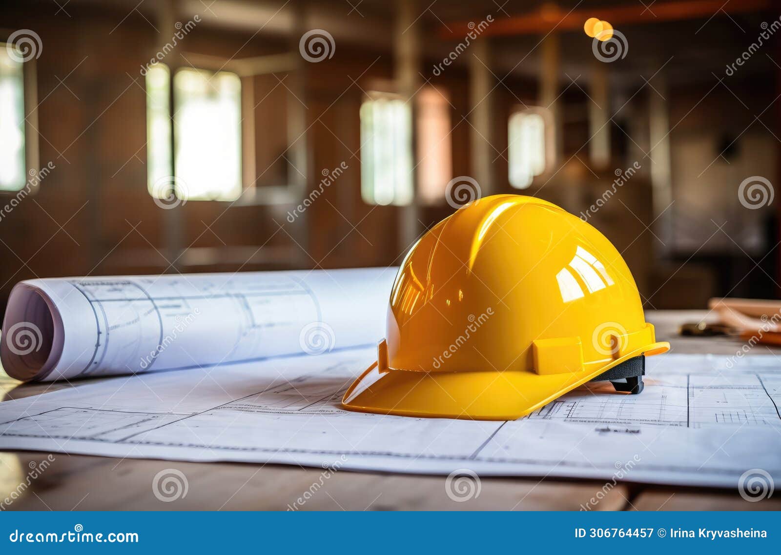 A Hard Hat Sits on Top of Red Blueprints on a Table Stock Image - Image ...