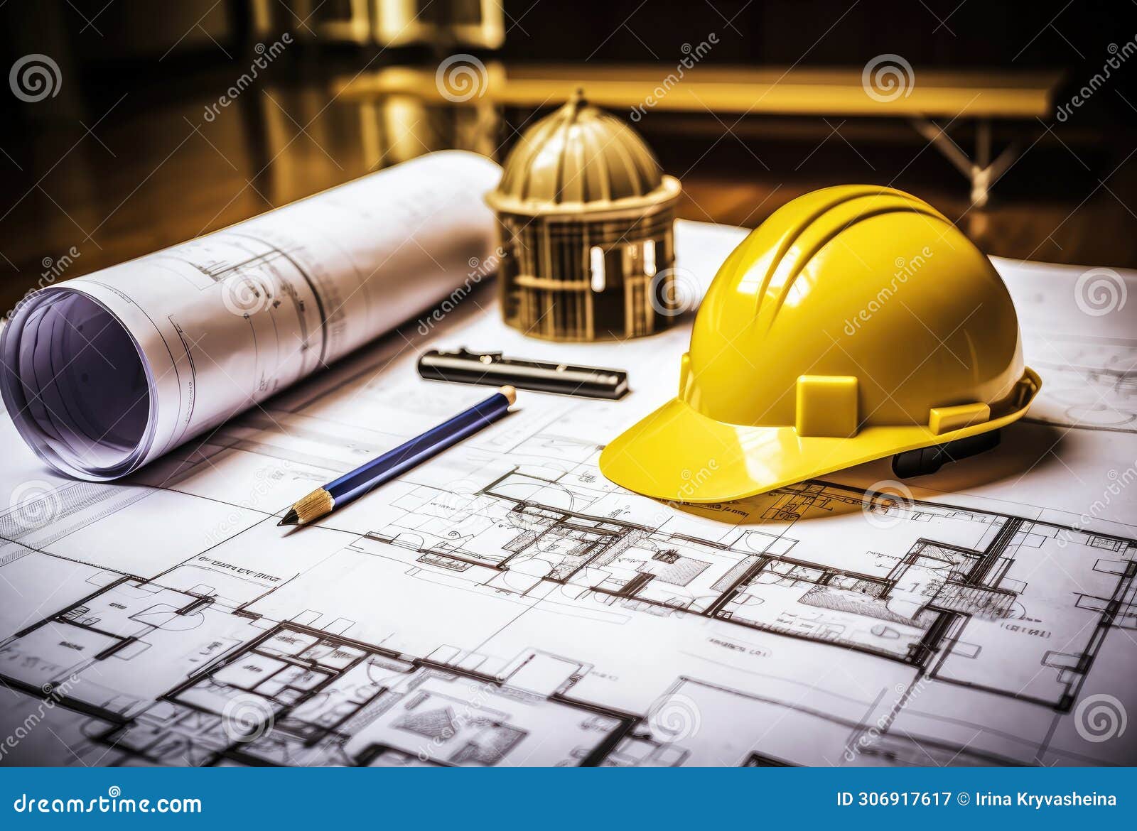 A Hard Hat Sits on Top of Red Blueprints on a Table Stock Image - Image ...