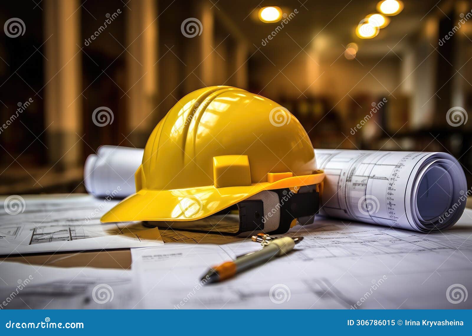 A Hard Hat Sits on Top of Red Blueprints on a Table Stock Image - Image ...