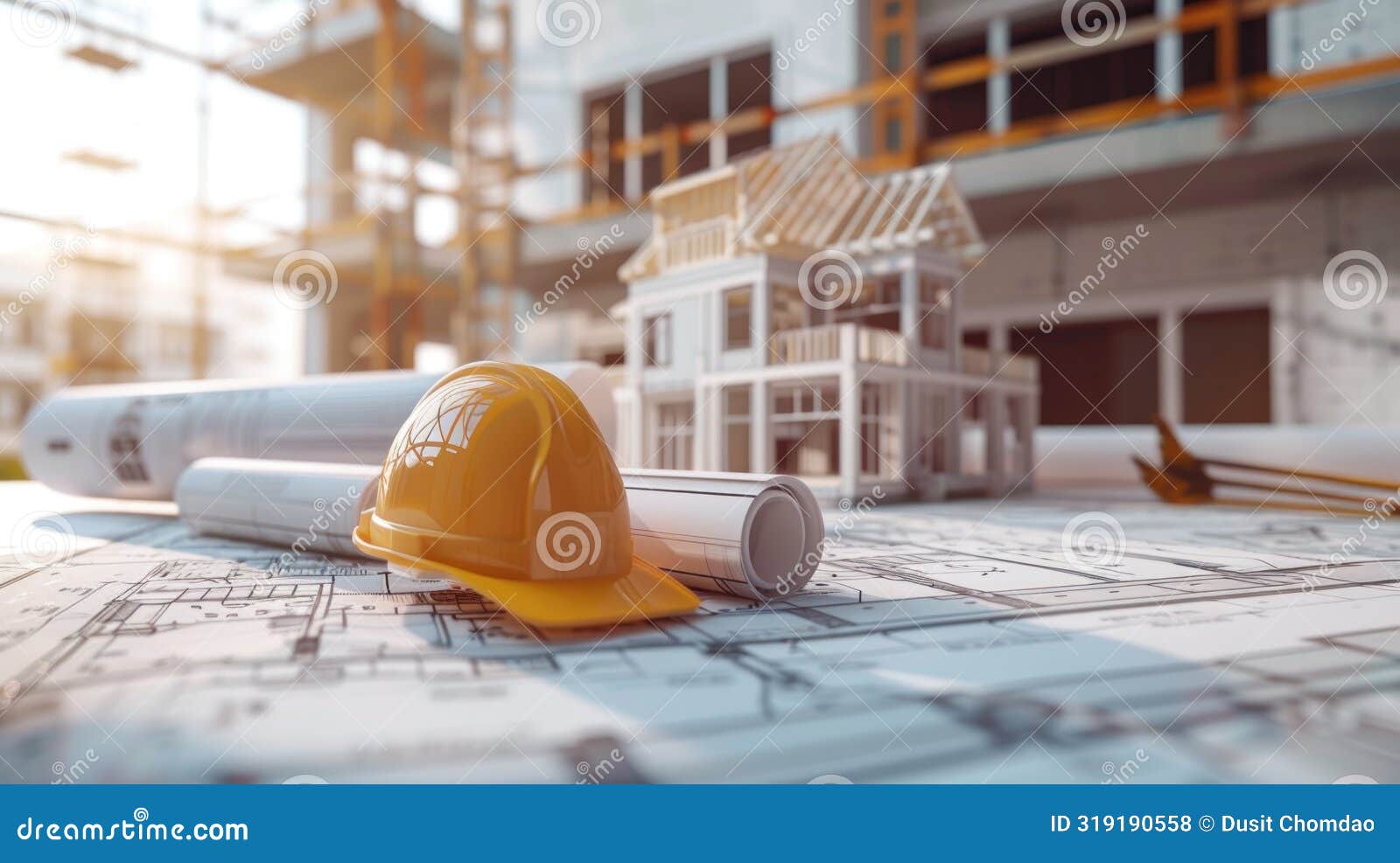 A Hard Hat is on Top of a Ruler and a Sheet of Paper Stock Photo ...