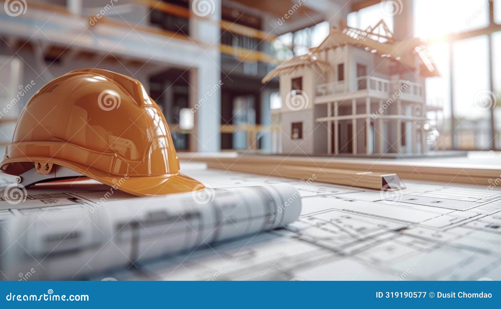 A Hard Hat is on Top of a Ruler and a Sheet of Paper Stock Image ...