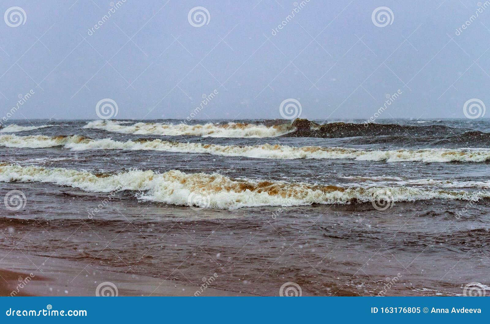 Hard Waves of a Winter Sea Under the Snowfall Stock Image - Image of ...