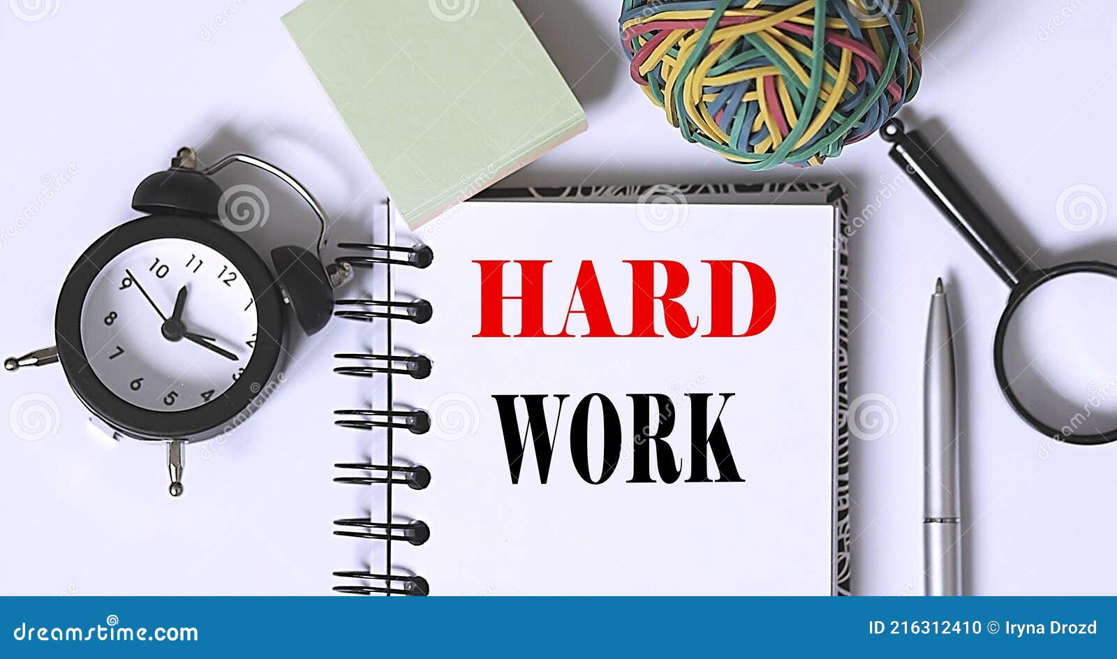 HARD WORK Conceptual Background with Office Tools on White Background ...