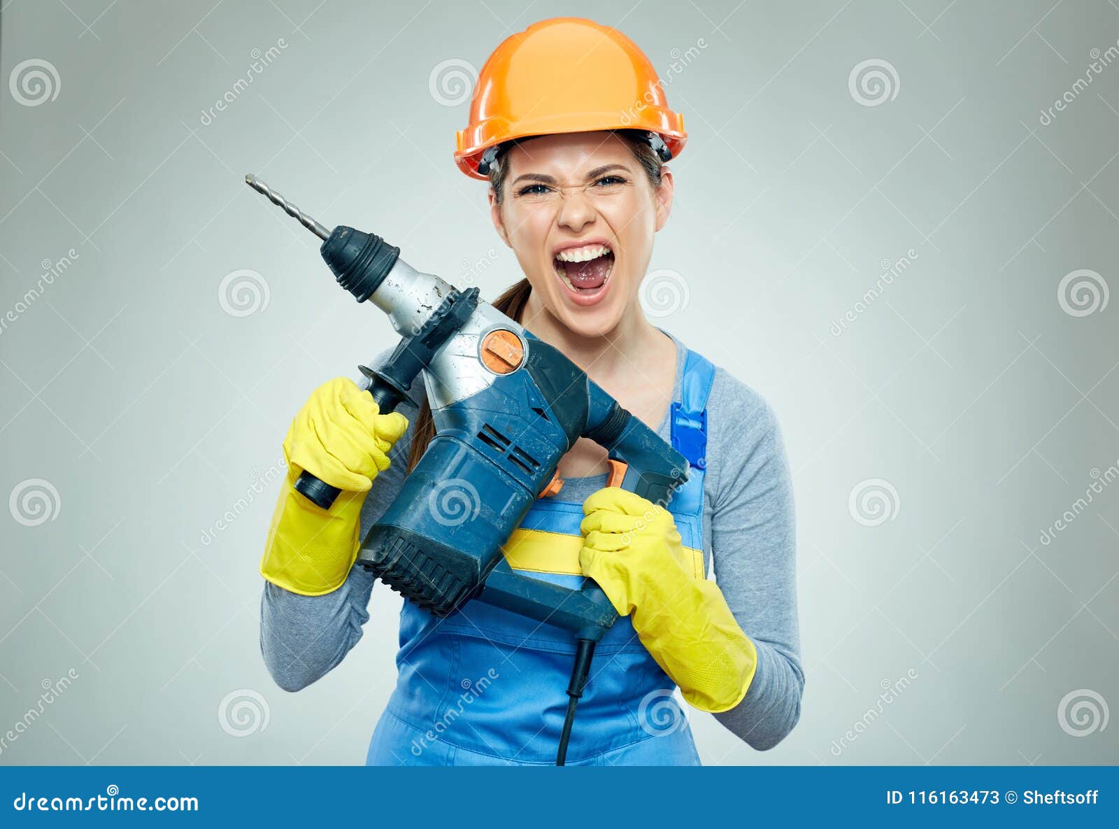 Hard Work of Woman Builder with Drill Tool. Stock Image - Image of ...