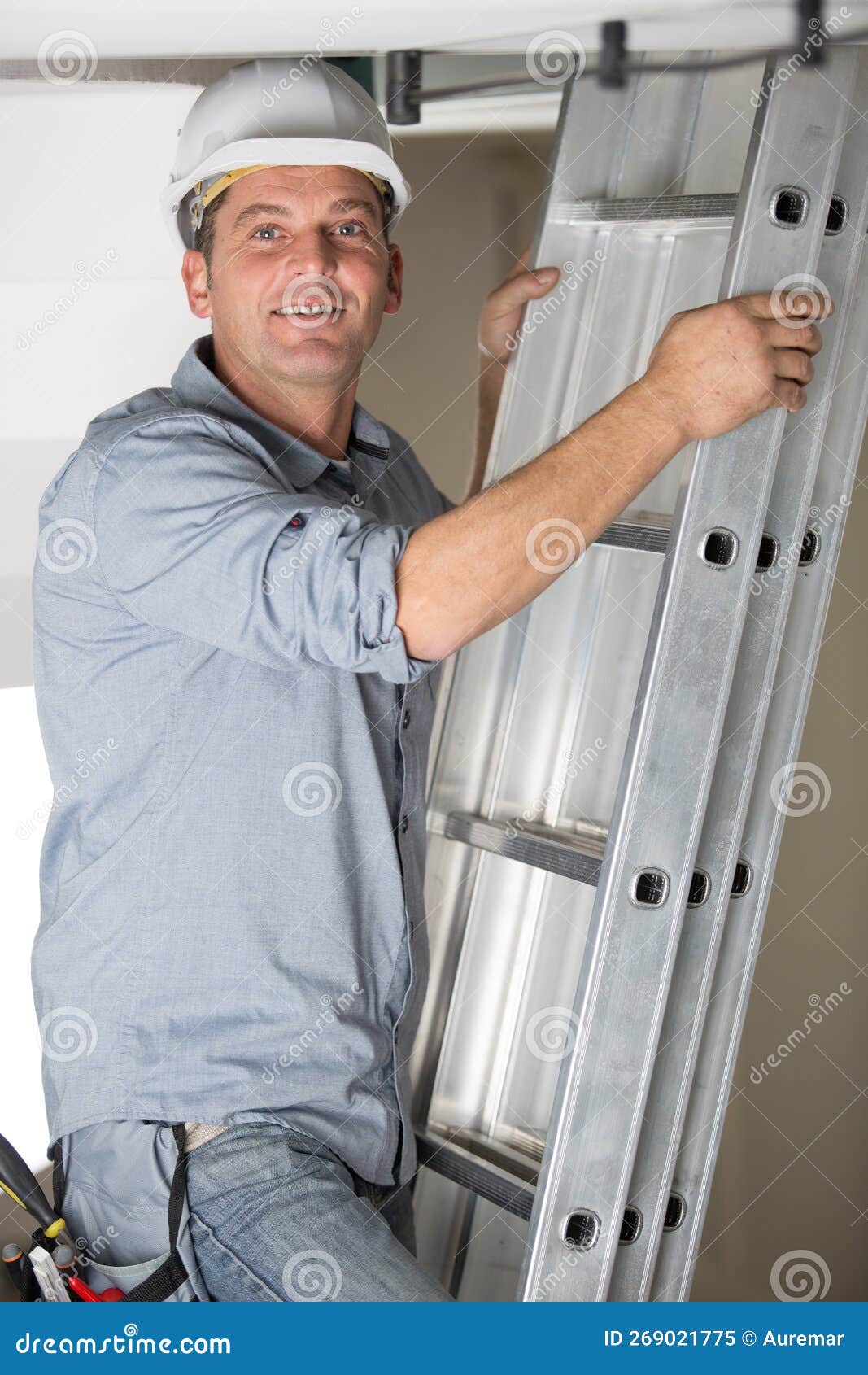 Hard Worker Man in Ladder Smiling at Camera Stock Image - Image of ...