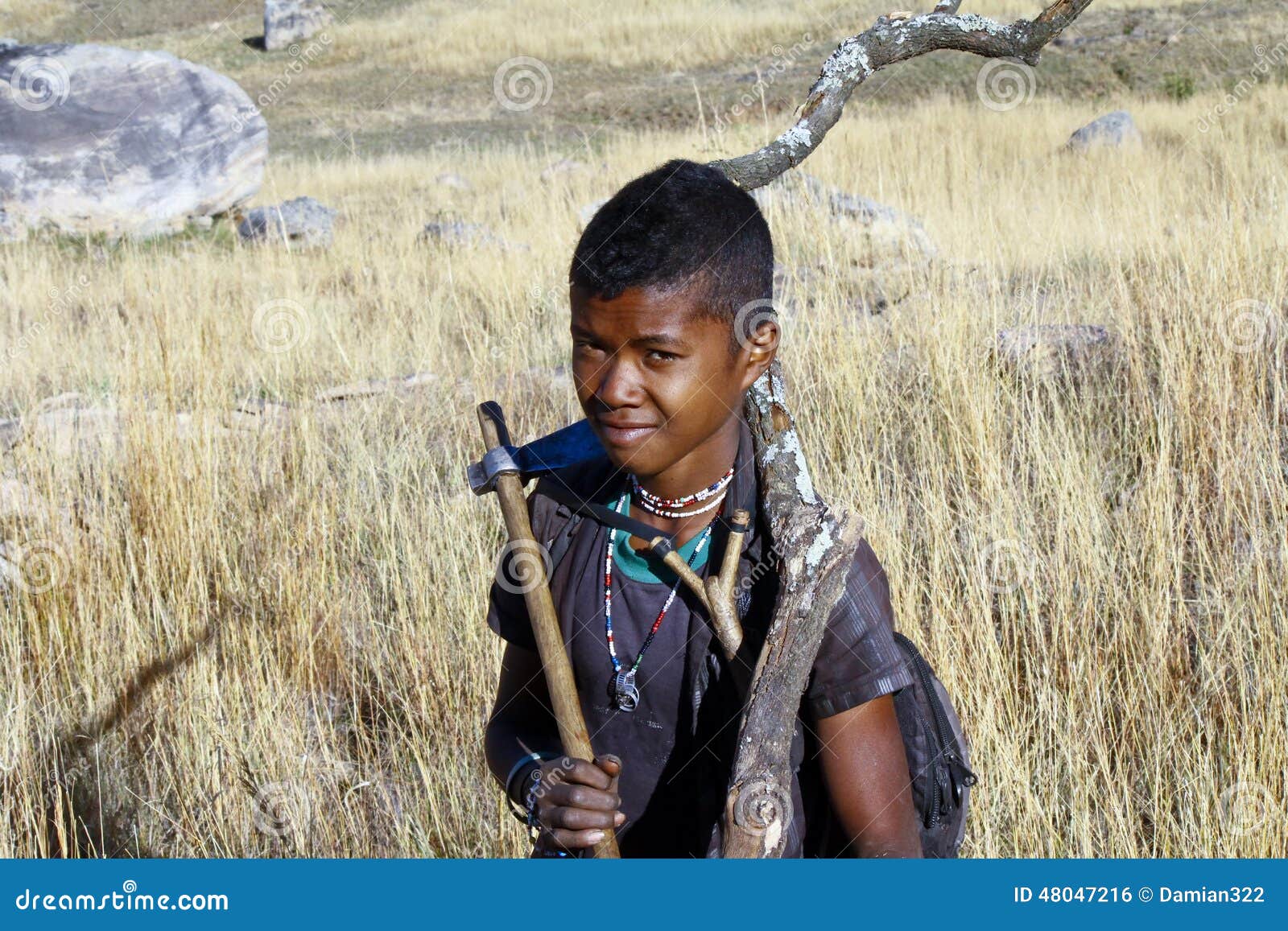 Hard Working Poor Boy Carrying a Tree Trunk - MADAGASCAR Stock Photo ...