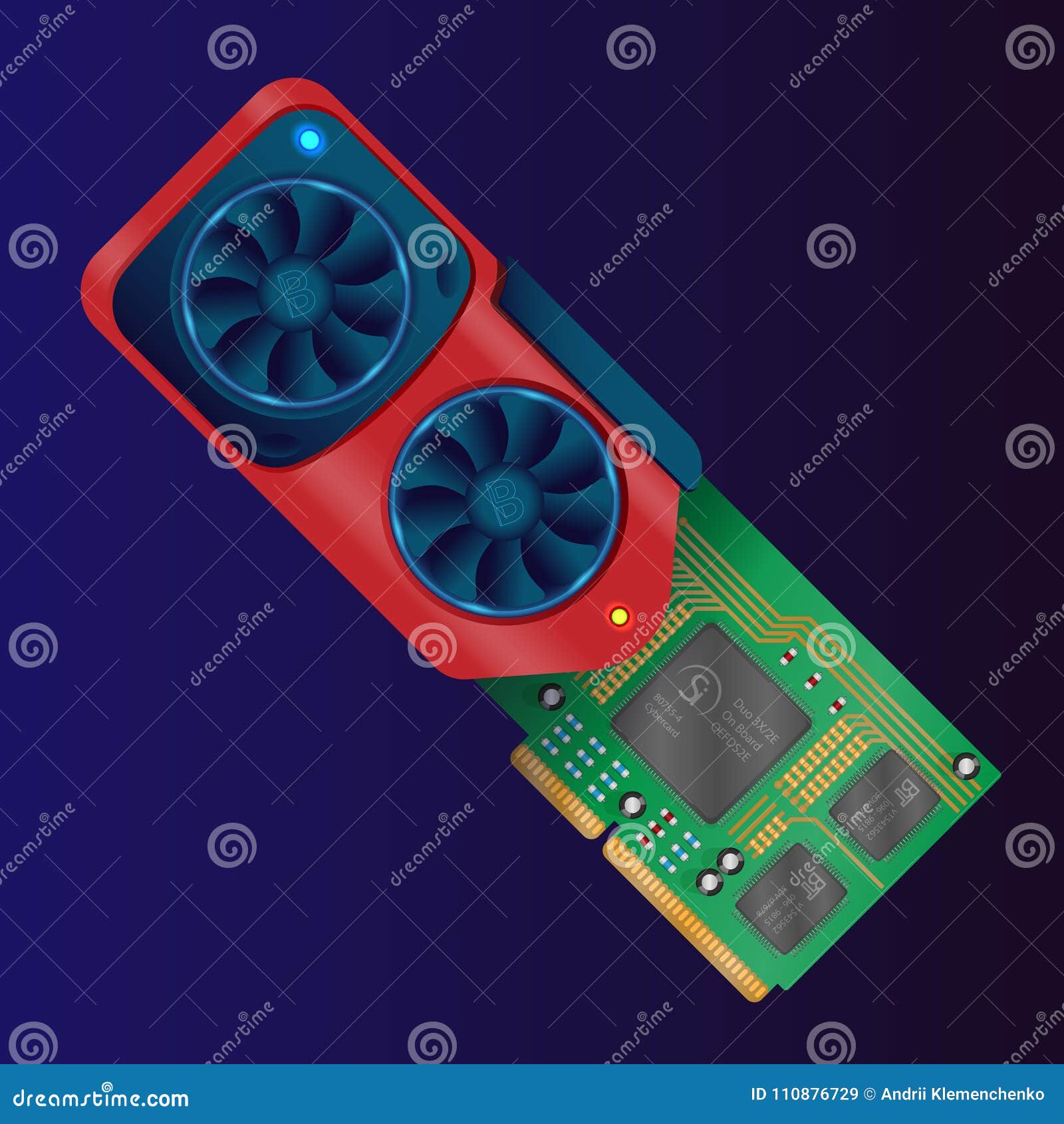An Isometric Flat Vector of a Detailed Video Graphics Card on a Dark ...