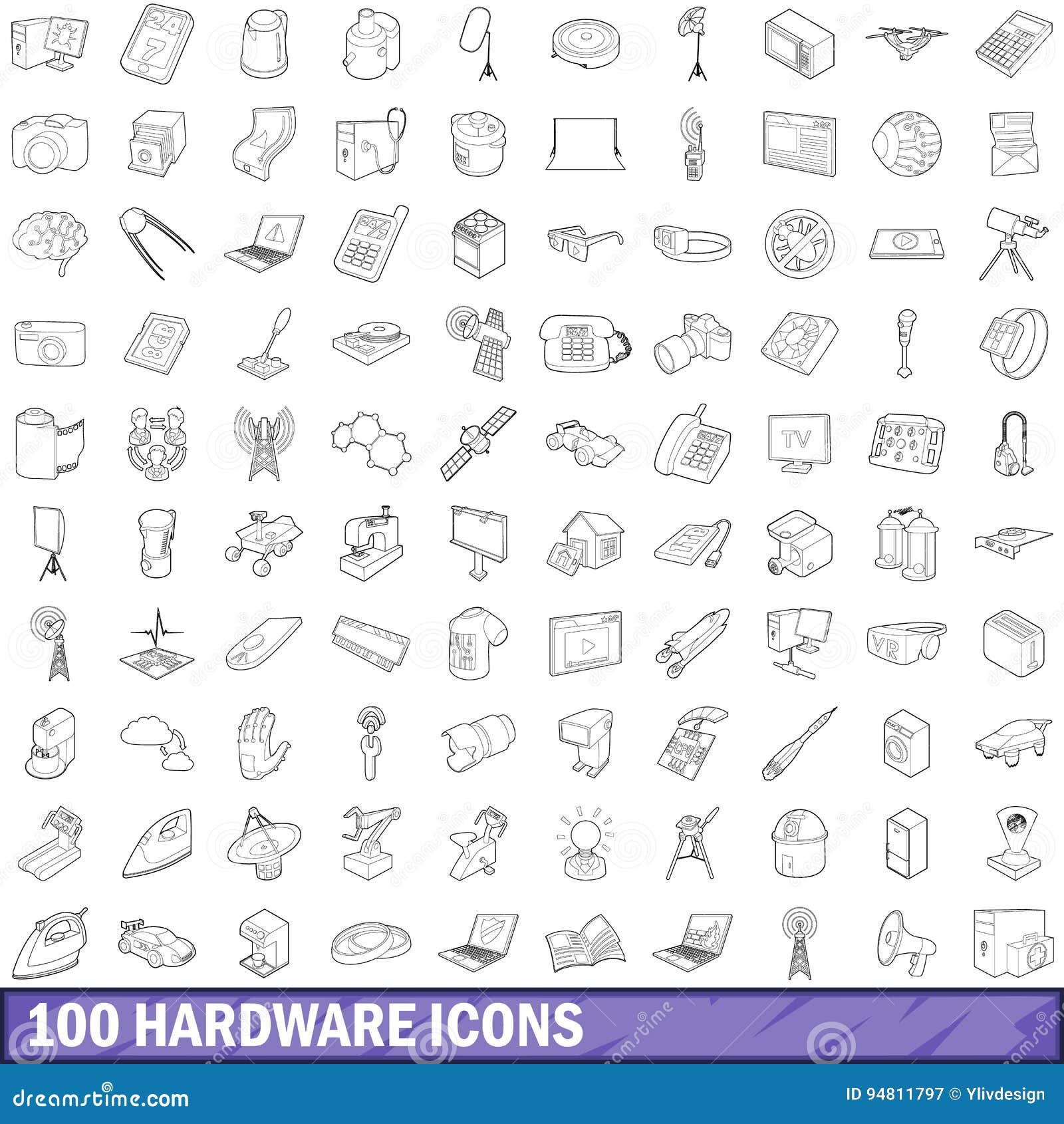 100 Hardware Icons Set, Outline Style Stock Vector - Illustration of ...
