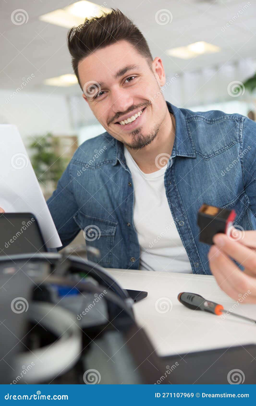 Hardware Repairman Repairing Broken Printer Fax Machine Stock Image ...
