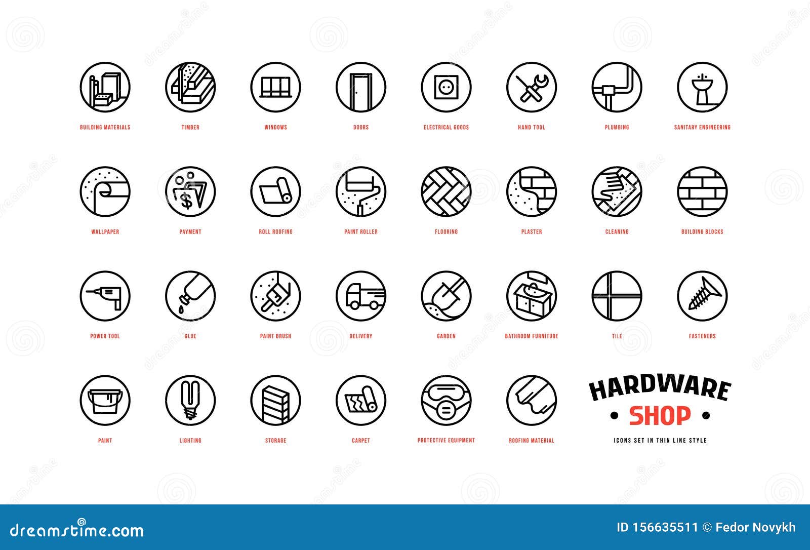 Hardware Shop and Building Icons Set in Thin Line Style Stock Vector ...