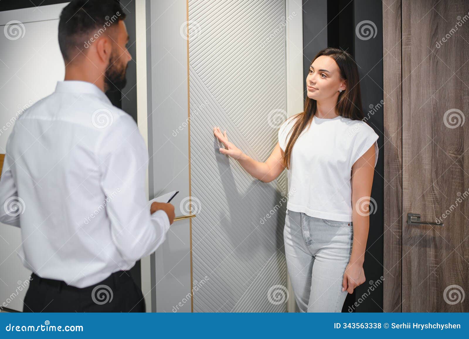 Hardware Store, Female Customer Chooses Interior Doors Stock Photo ...
