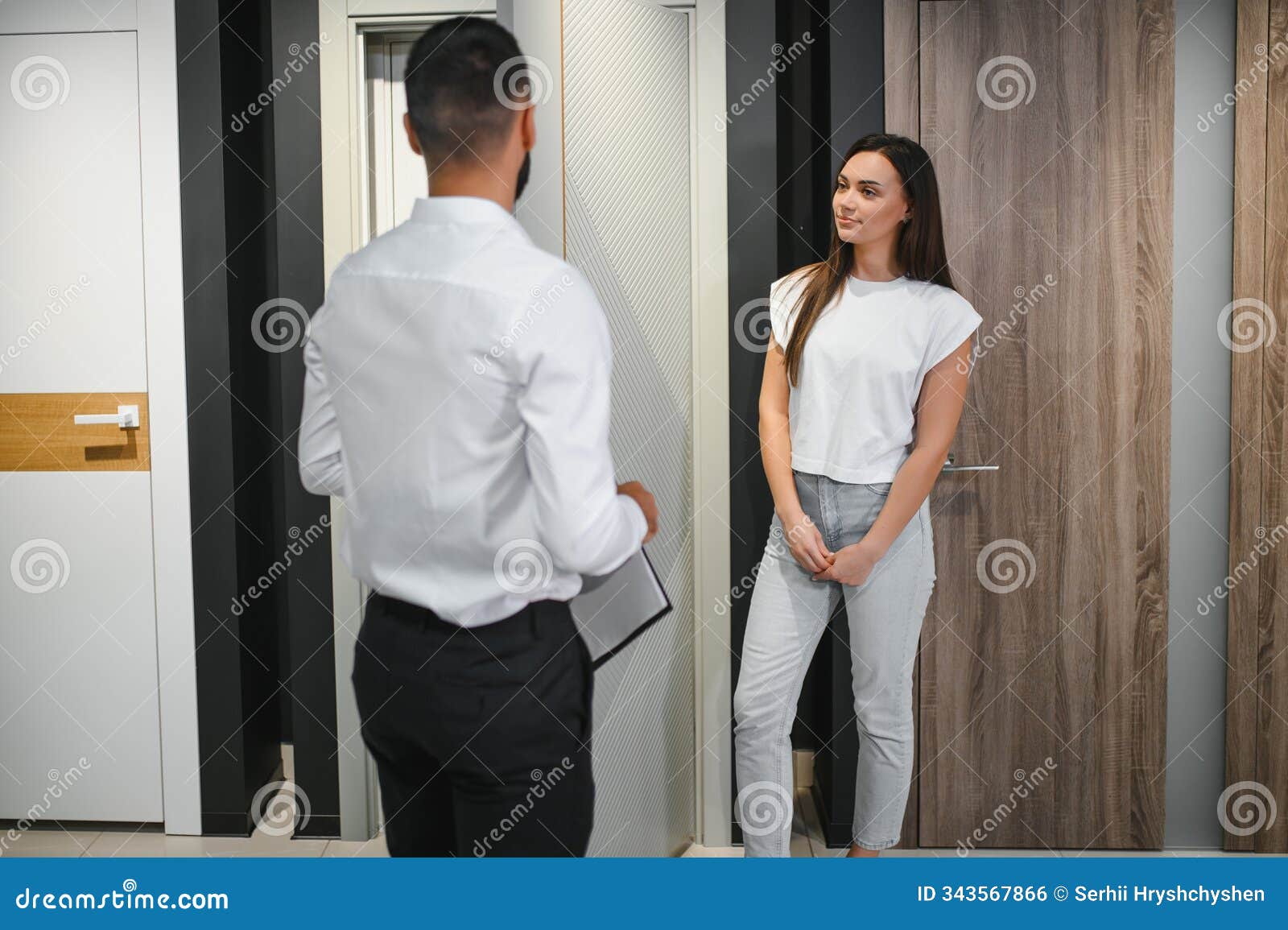 Hardware Store, Female Customer Chooses Interior Doors Stock Photo ...