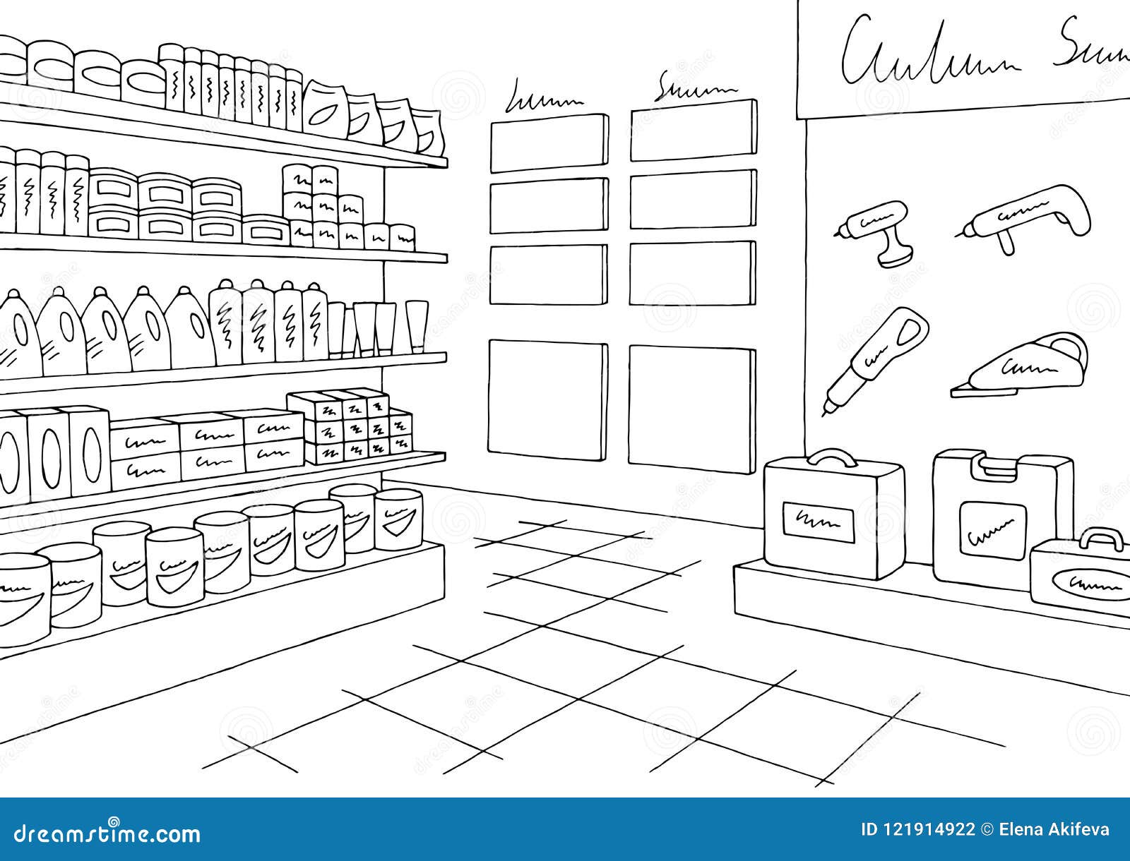 Hardware Store Graphic Black White Interior Sketch Illustration Vector ...