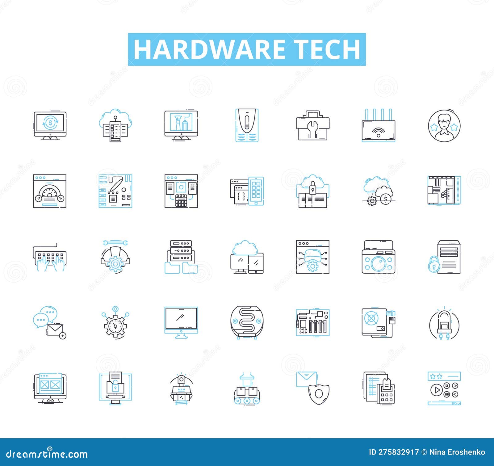 Hardware Tech Linear Icons Set. Processor, Motherboard, Graphics, Display, Storage, Memory ...