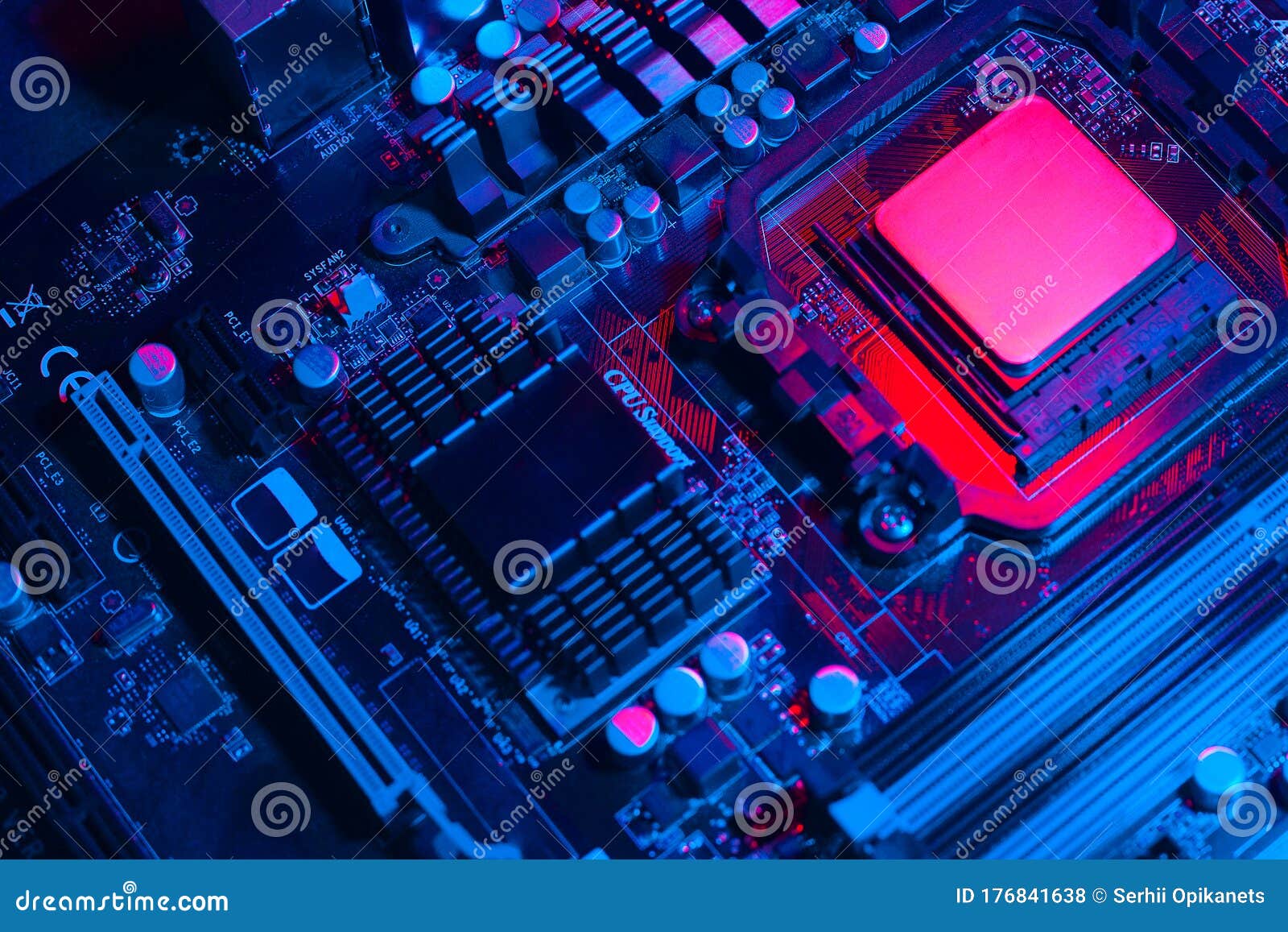 Hardware Technology Concept in Neon Light. Motherboard in Blue-red ...