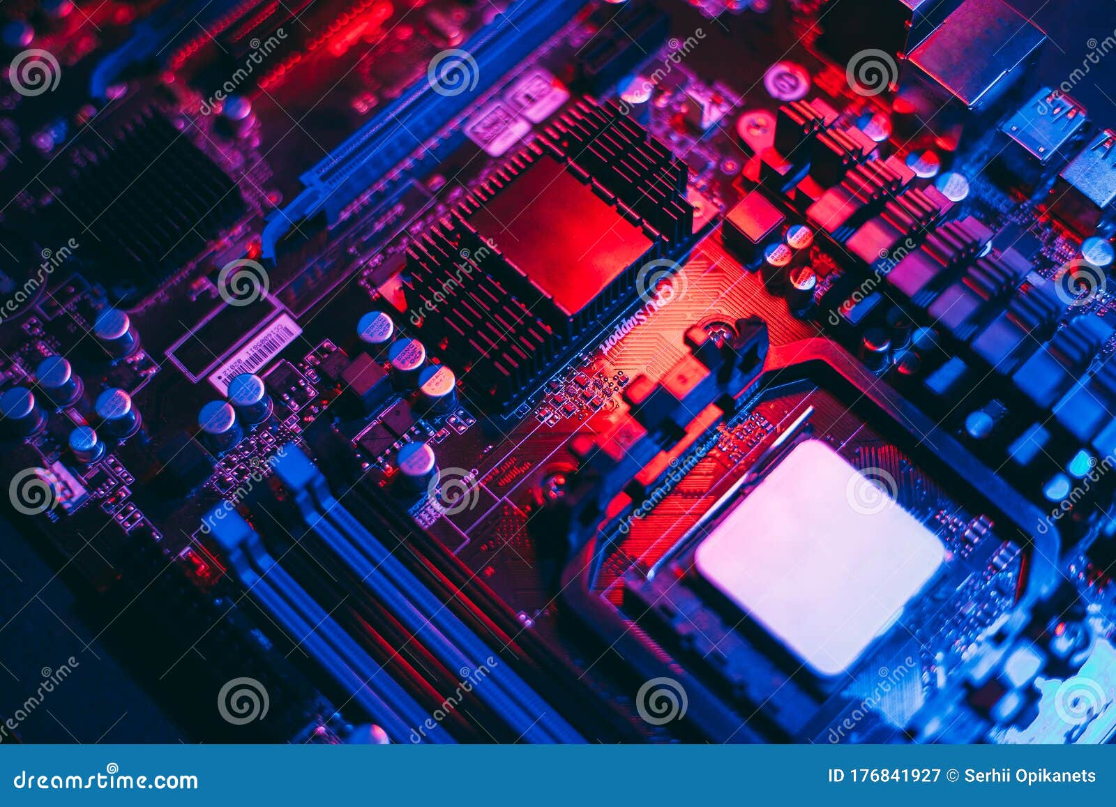 Hardware Technology Concept in Neon Light. Motherboard in Blue-red ...