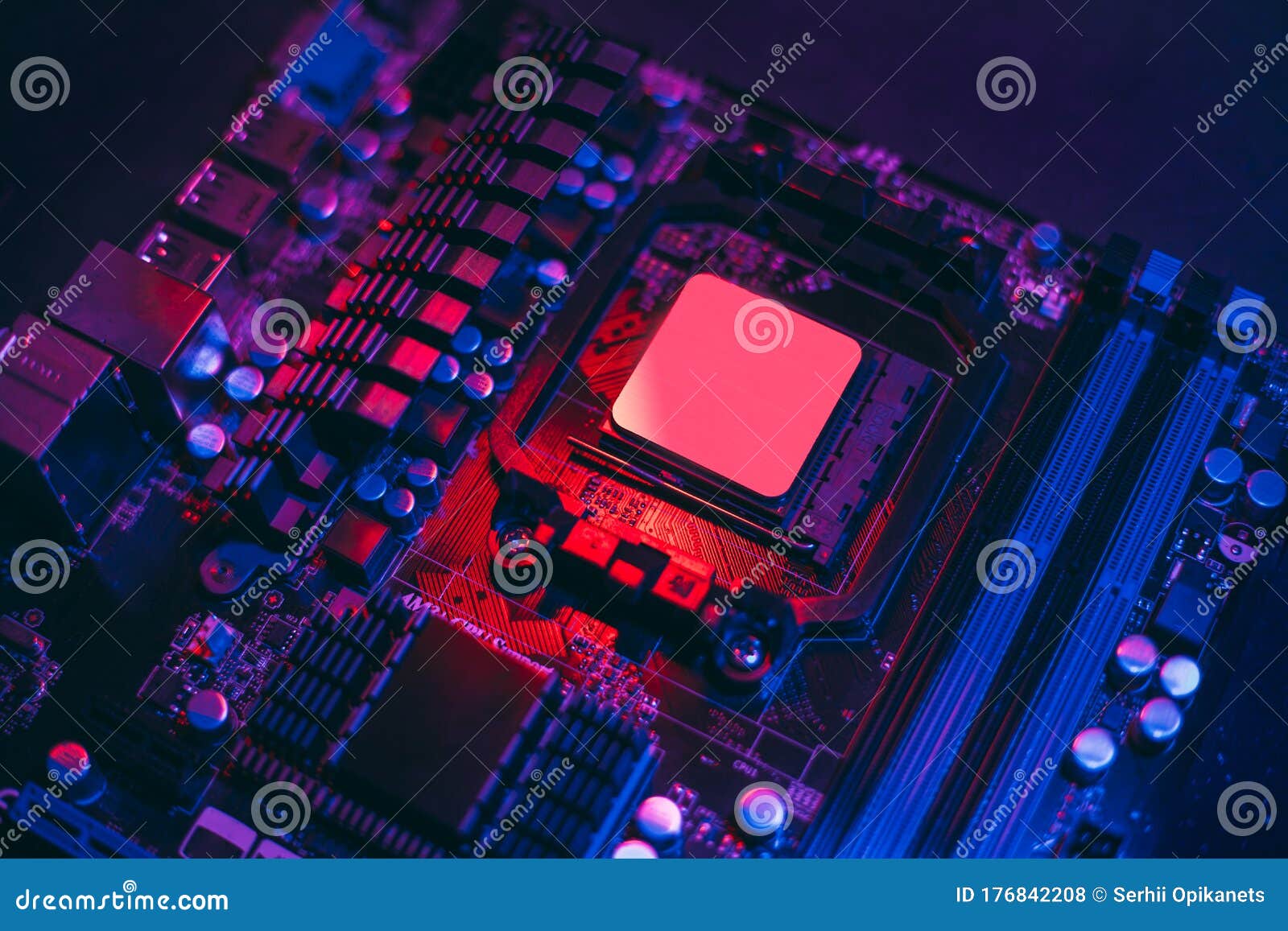 Hardware Technology Concept in Neon Light. Motherboard in Blue-red ...