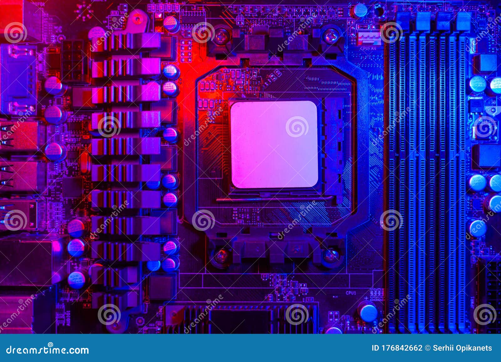 Hardware Technology Concept in Neon Light. Motherboard in Blue-red ...