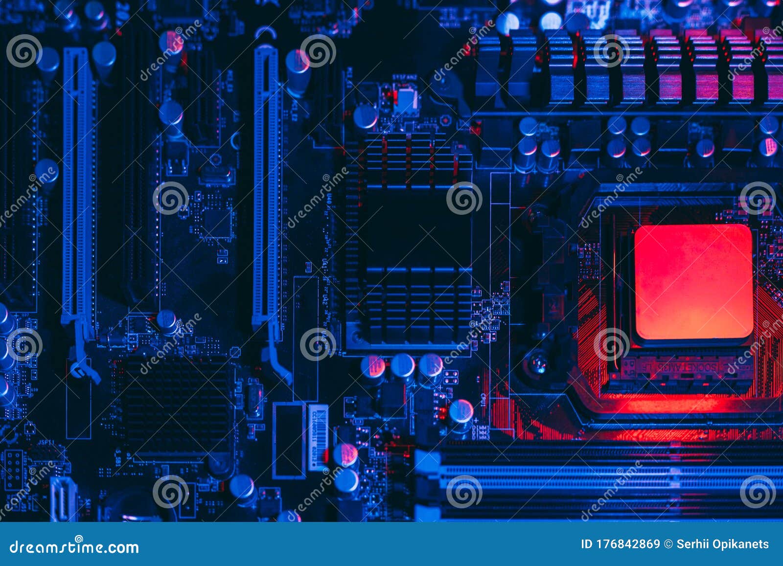 Hardware Technology Concept in Neon Light. Motherboard in Blue-red ...
