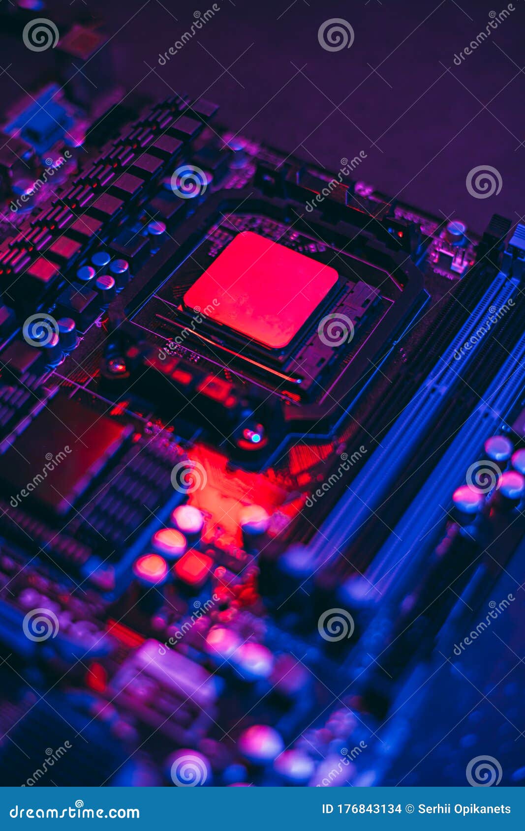 Hardware Technology Concept in Neon Light. Motherboard in Blue-red ...