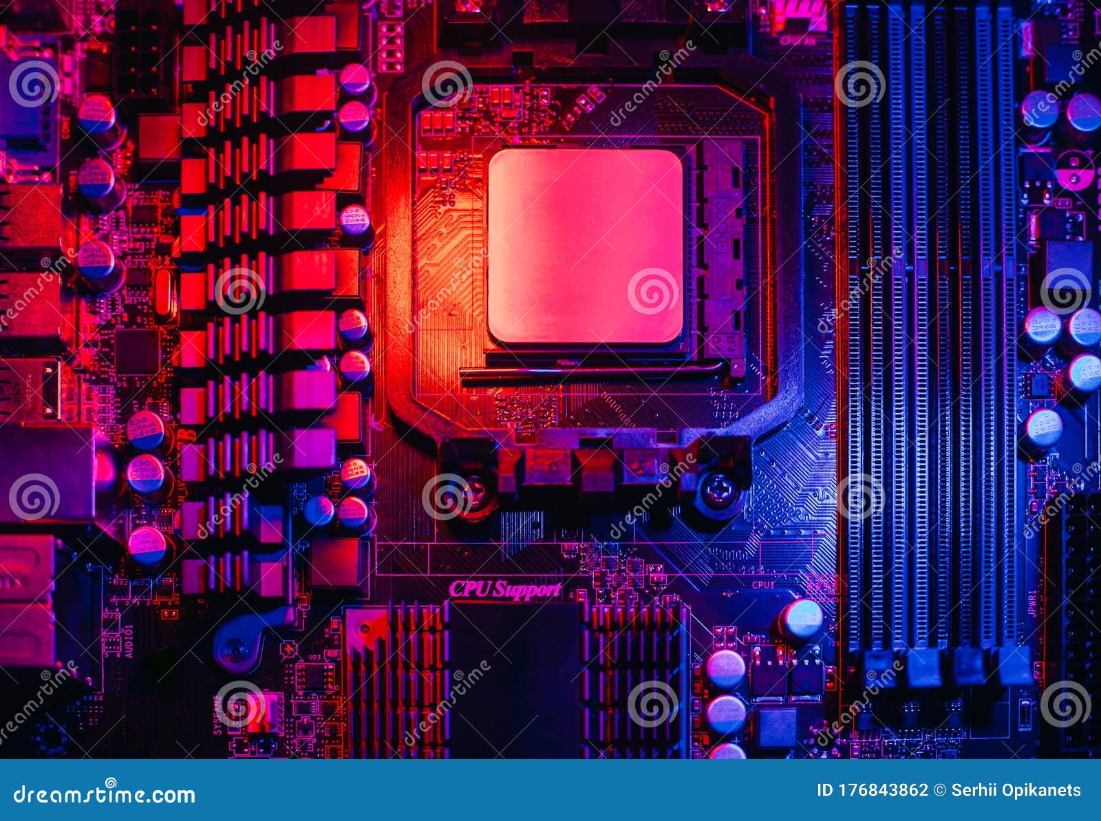 Hardware Technology Concept in Neon Light. Motherboard in Blue-red ...