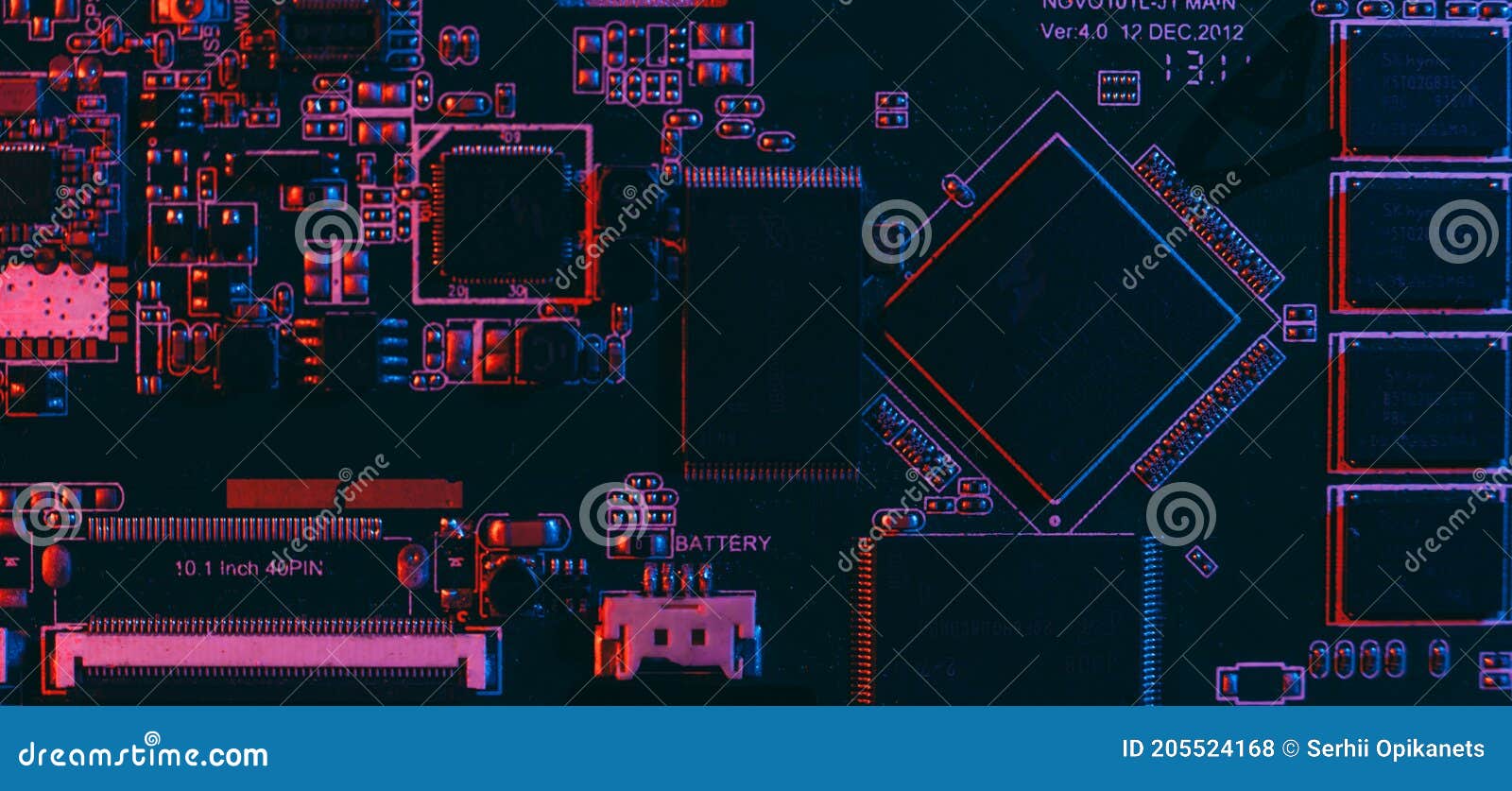 Hardware Technology Concept In Neon Light. Motherboard In Blue-red ...