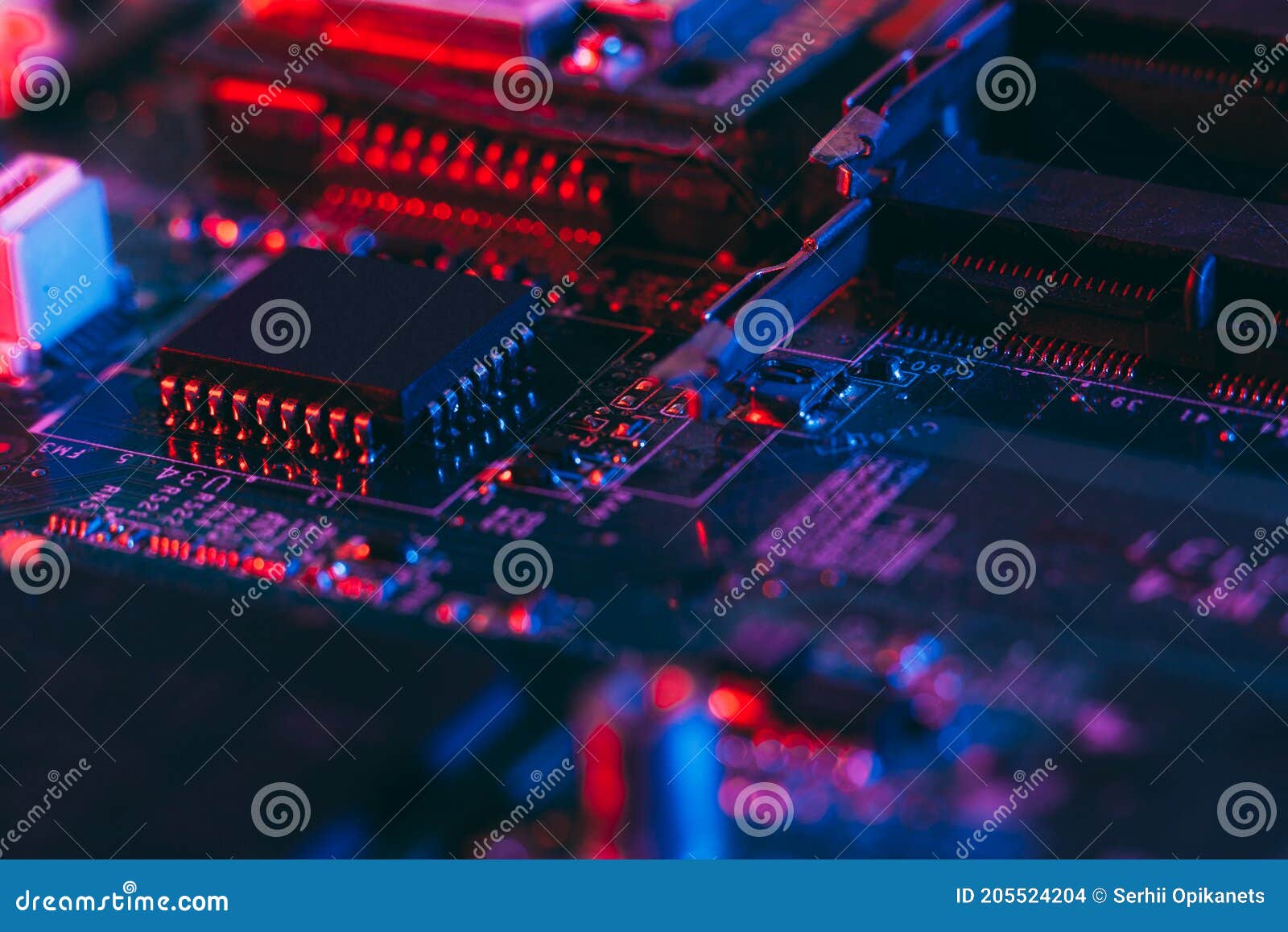 Hardware Technology Concept in Neon Light. Motherboard in Blue-red ...