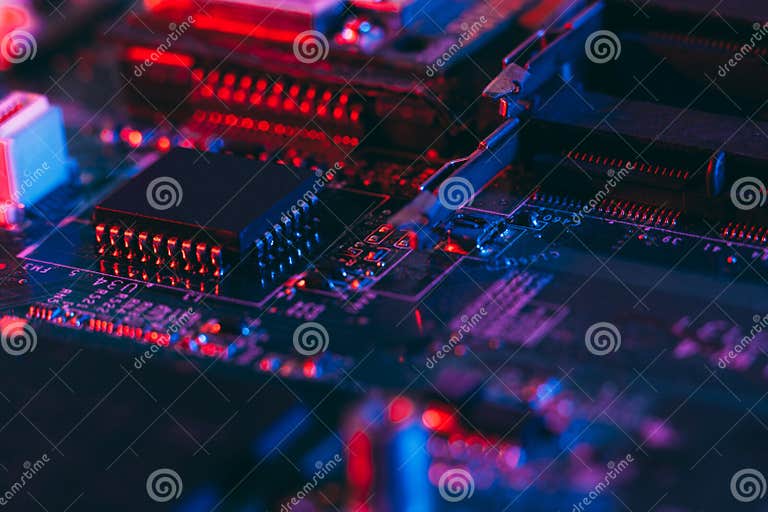 Hardware Technology Concept in Neon Light. Motherboard in Blue-red ...