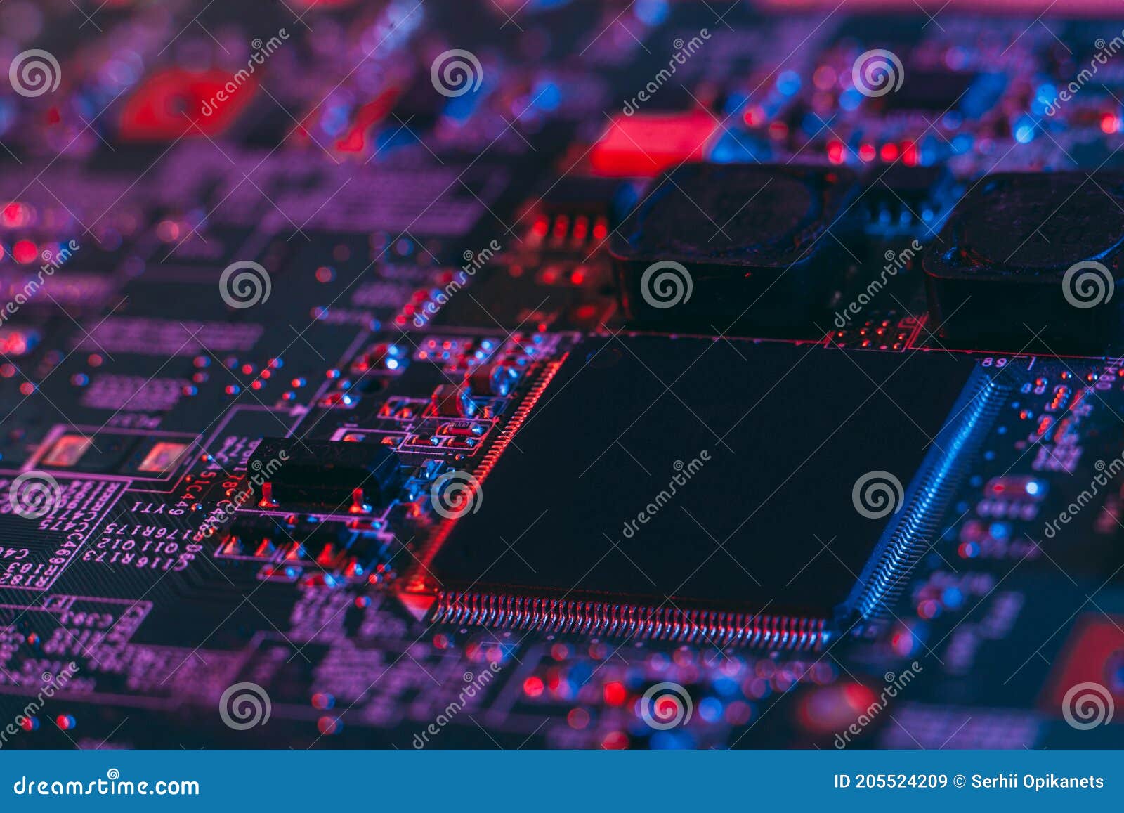 Hardware Technology Concept in Neon Light. Motherboard in Blue-red ...
