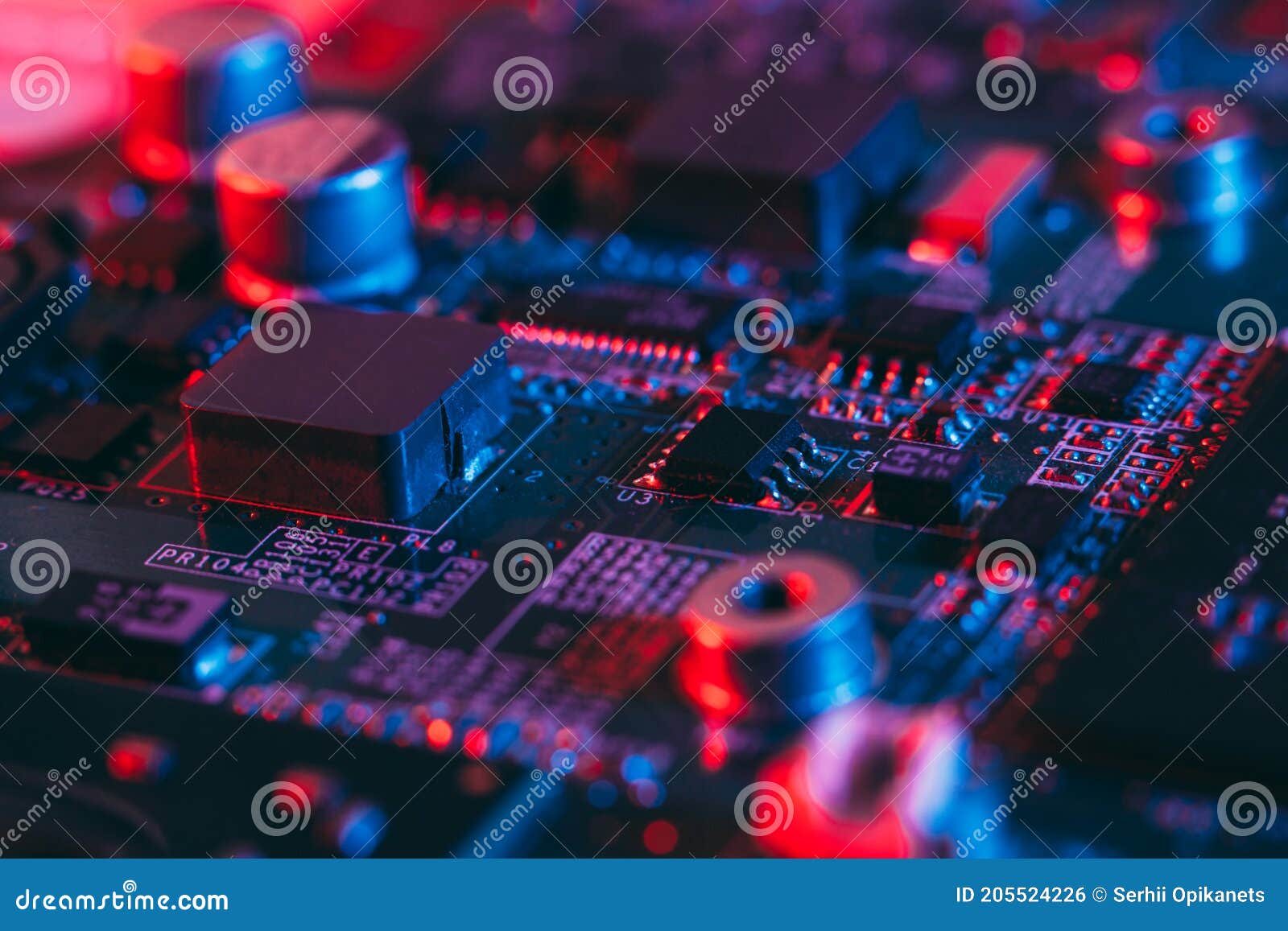 Hardware Technology Concept in Neon Light. Motherboard in Blue-red ...
