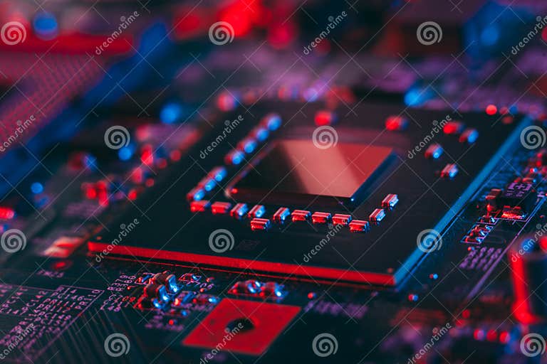 Hardware Technology Concept in Neon Light. Motherboard in Blue-red ...