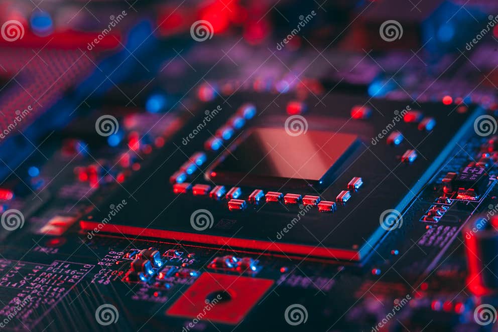 Hardware Technology Concept in Neon Light. Motherboard in Blue-red ...