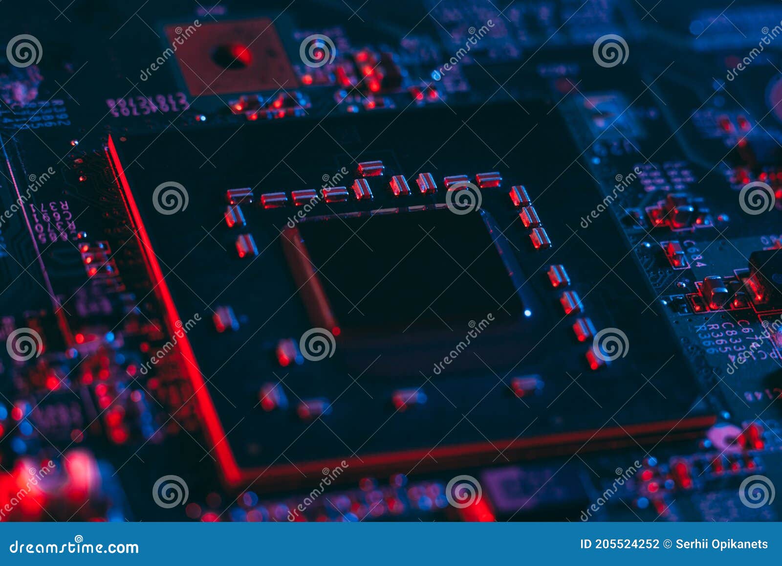 Hardware Technology Concept in Neon Light. Motherboard in Blue-red ...