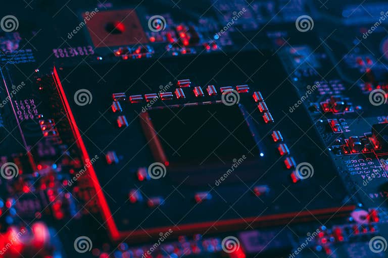 Hardware Technology Concept in Neon Light. Motherboard in Blue-red ...