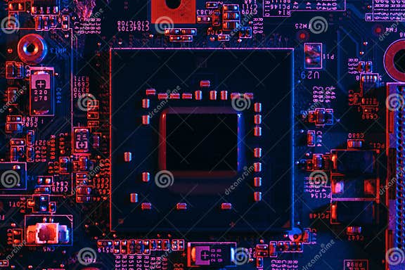 Hardware Technology Concept in Neon Light. Motherboard in Blue-red ...