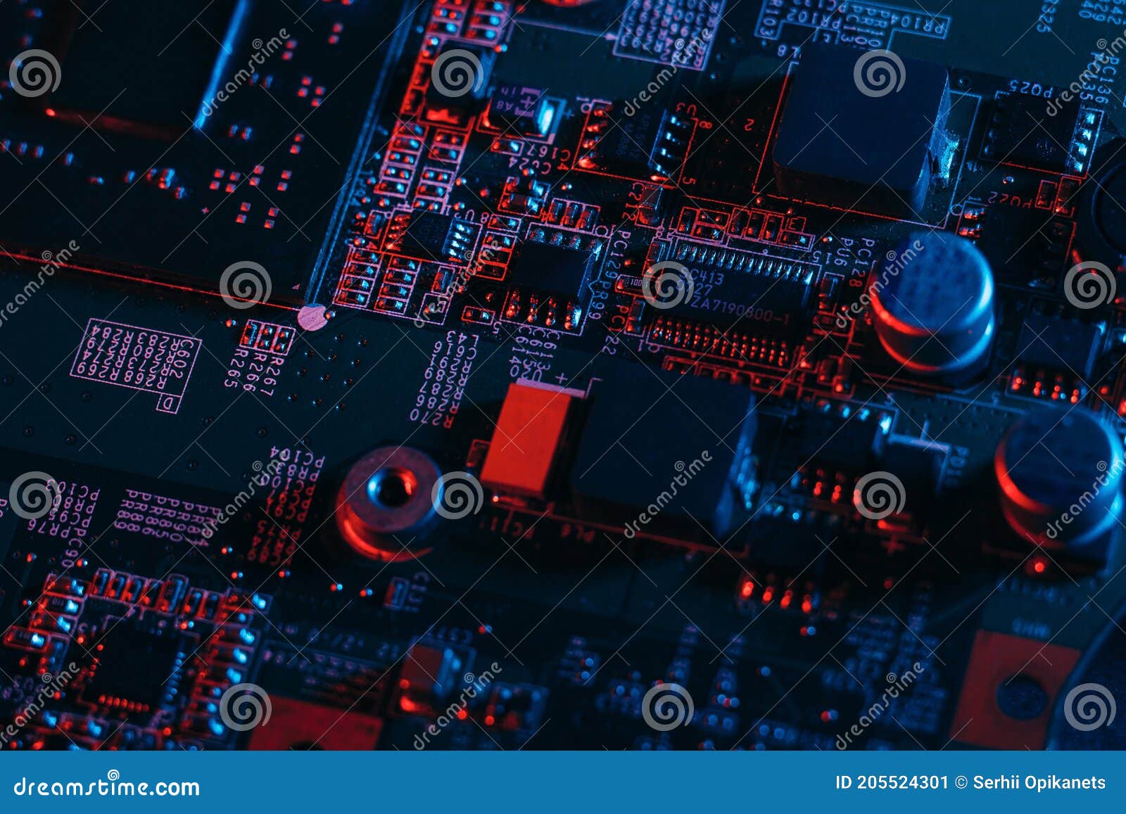 Hardware Technology Concept in Neon Light. Motherboard in Blue-red ...