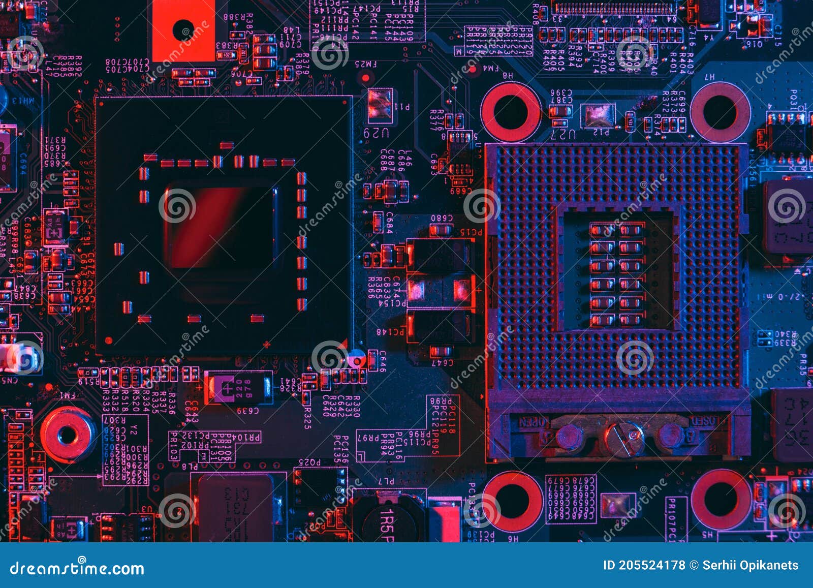 Hardware Technology Concept in Neon Light. Motherboard in Blue-red ...